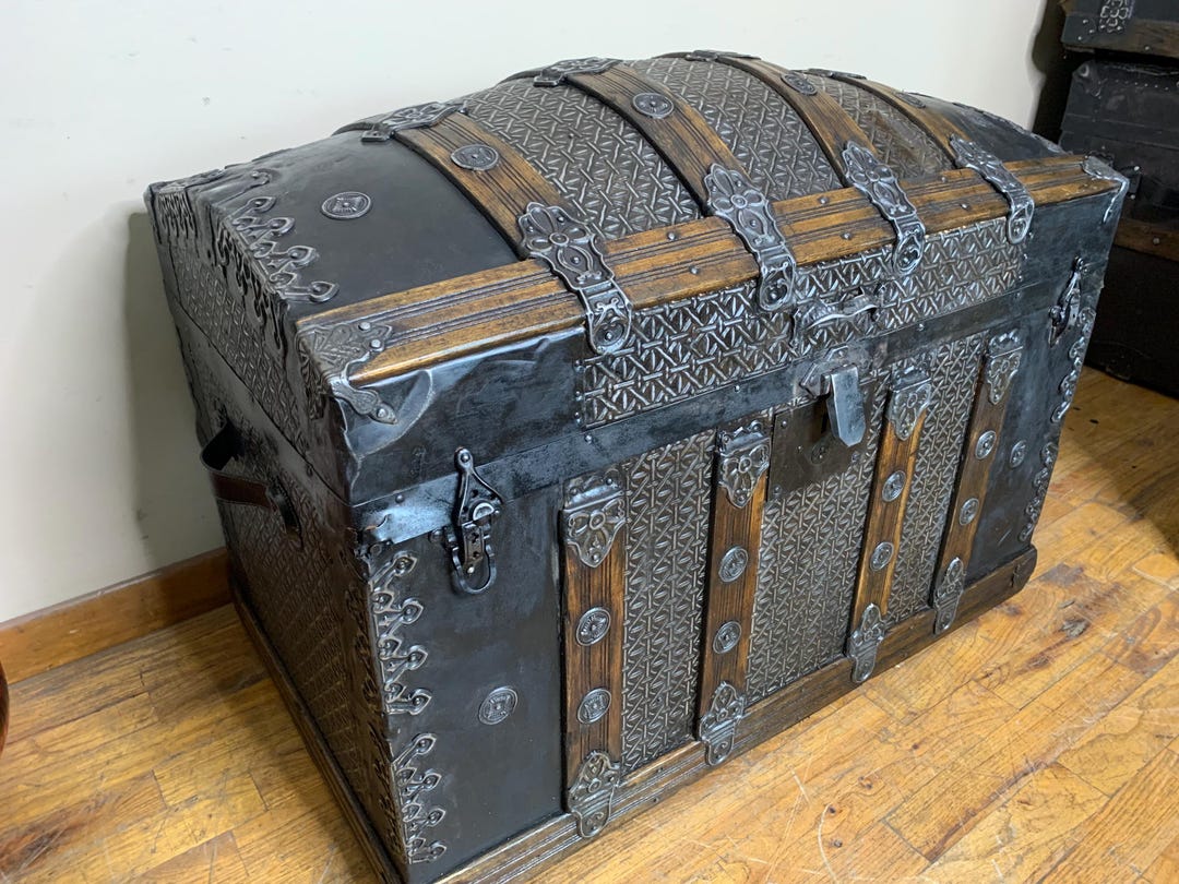 Rare Embossed Tin Antique Steamer Trunk, Refinished Storage Chest ...
