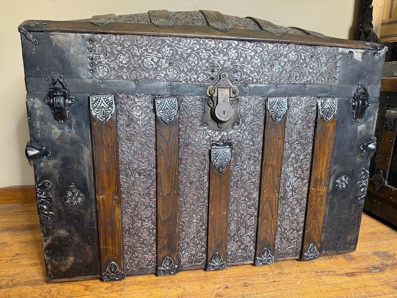 Large Antique Floral Tin Steamer Trunk – Victorian Humpback Chest ...