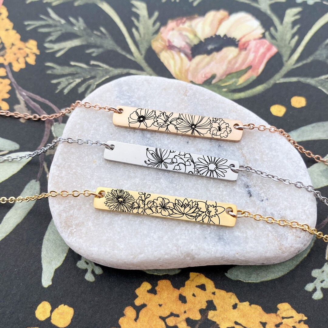 Birth Month Flower Bar Necklace - Personalized Birth Flowers - Mother's ...