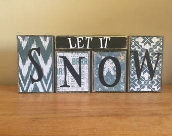 Wood LET IT SNOW Block Set Wood Sign Seasonal Winter Home | Etsy