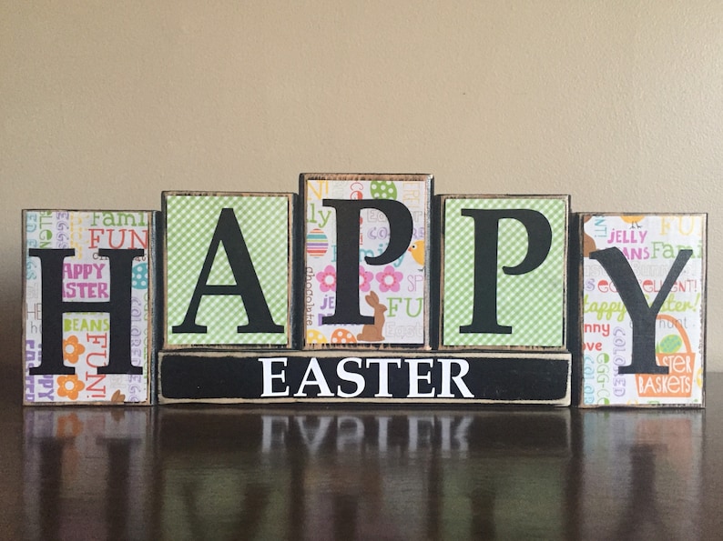 Easter Decor, Wood Happy Easter Block Sign, Hoppy Easter Sign, Easter Blocks, Spring Blocks ...