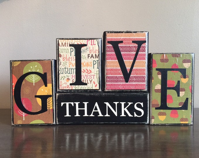 Wood Fall Blocks, Give Thanks Blocks, Give Thanks Sign, Home Decor ...