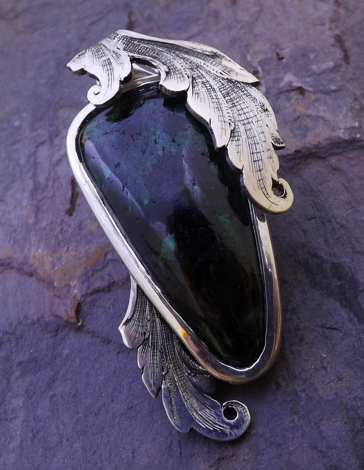 Chatoyant Malachite in Fine Silver Bezel, and Hand Engraved Sterling ...
