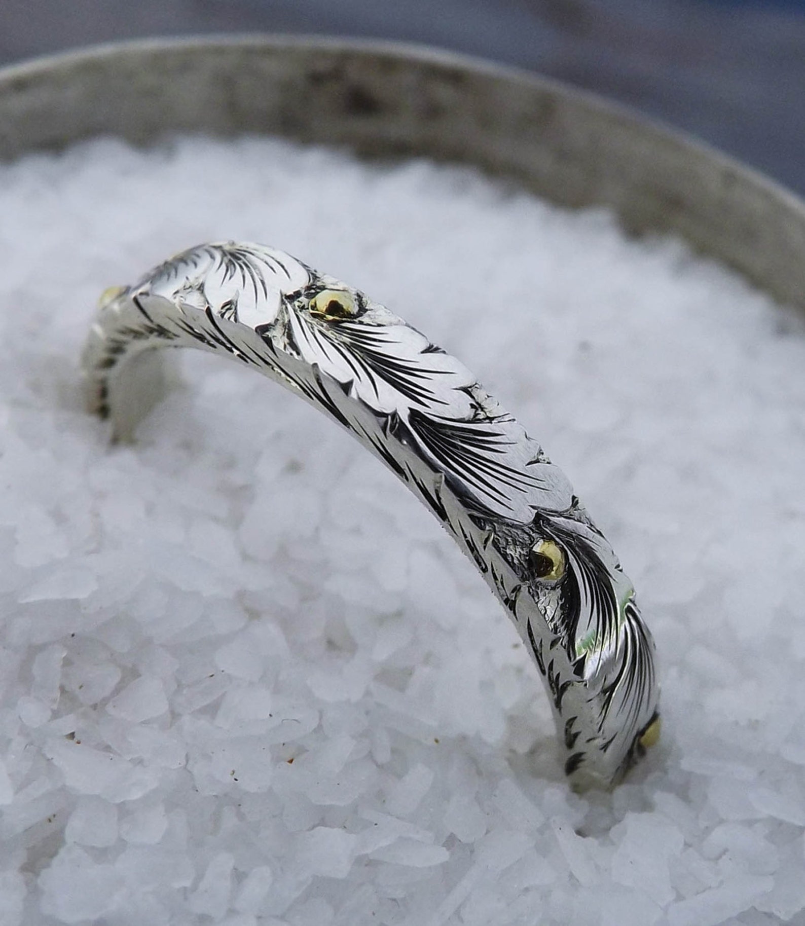 Gold and Silver Hand Engraved Sterling Silver Ring - Etsy