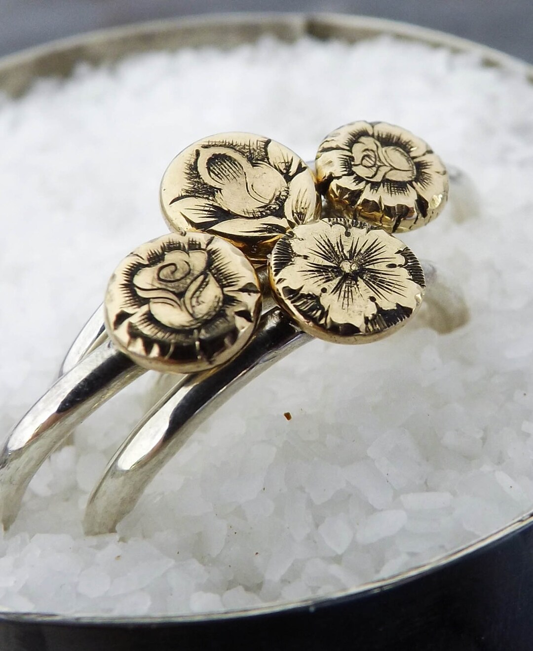 Gold and Silver Flower Stacking Ring Sterling Silver Ring Hand Engraved ...
