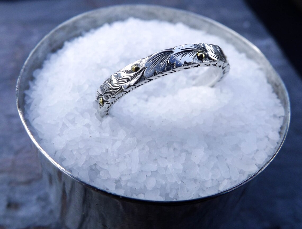 Gold and Silver Hand Engraved Sterling Silver Ring - Etsy