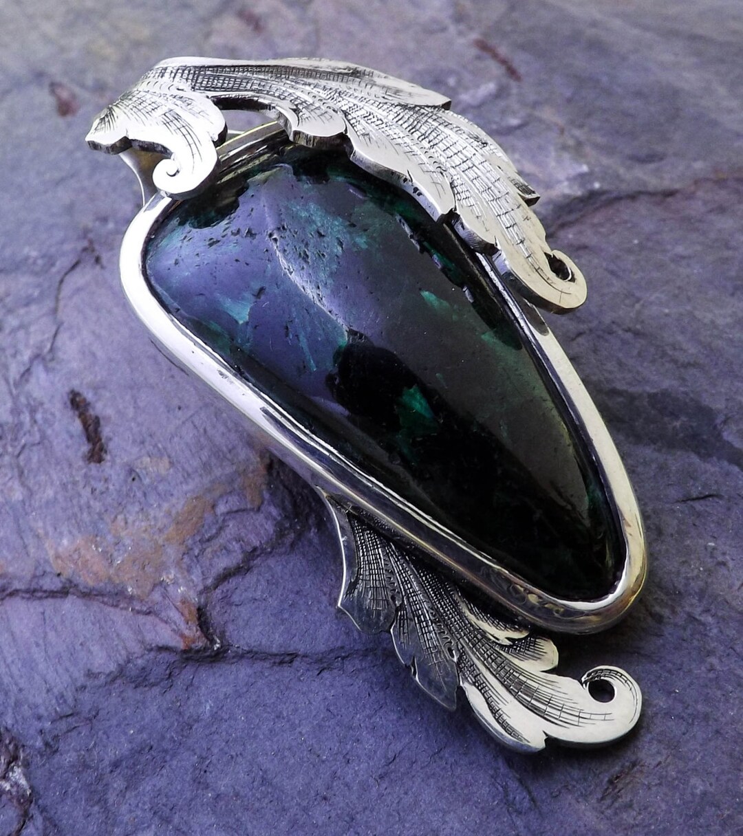 Chatoyant Malachite in Fine Silver Bezel, and Hand Engraved Sterling ...