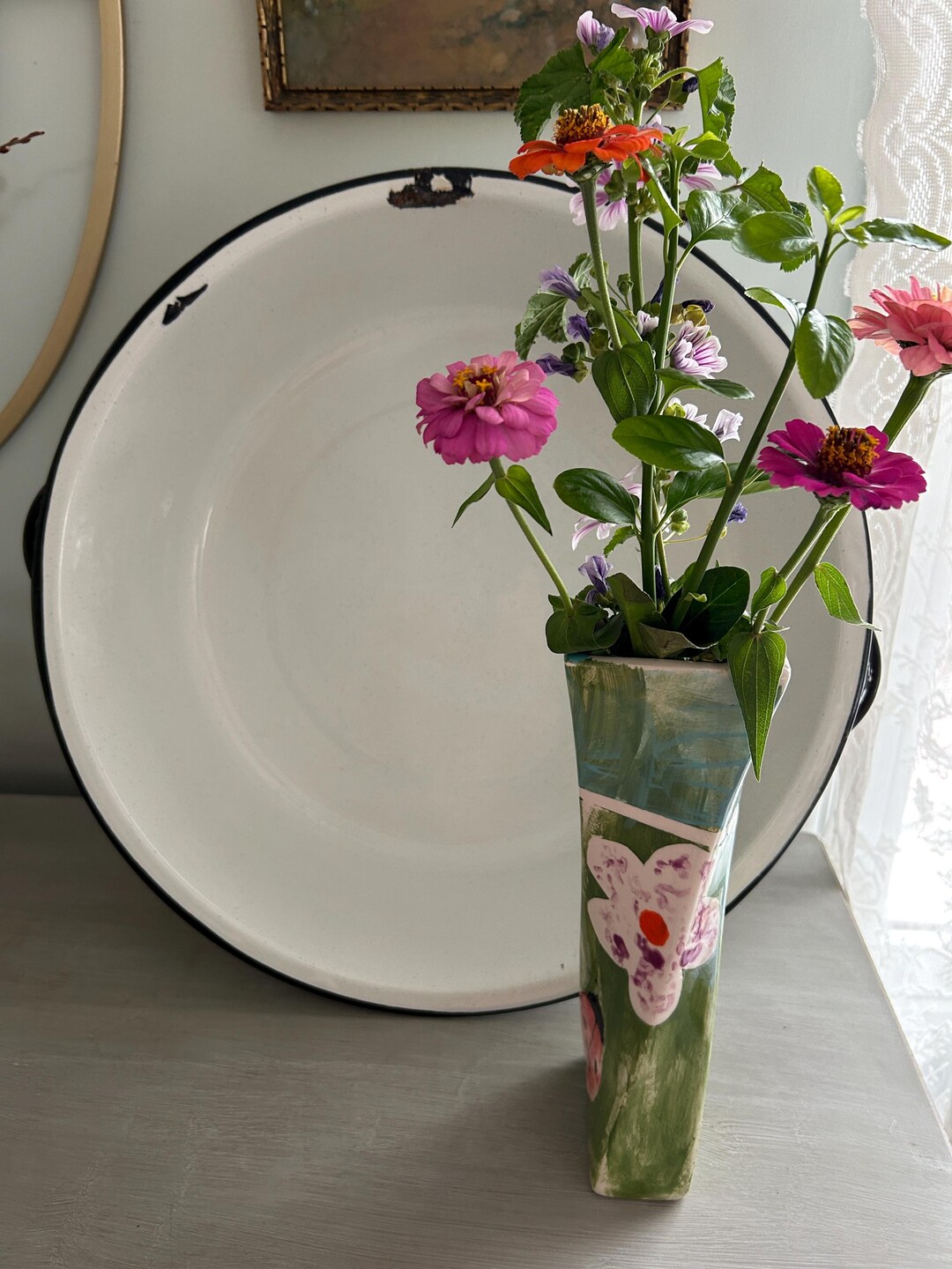 Vintage White Enamel French Country Wash Basin With Handles for Hanging ...