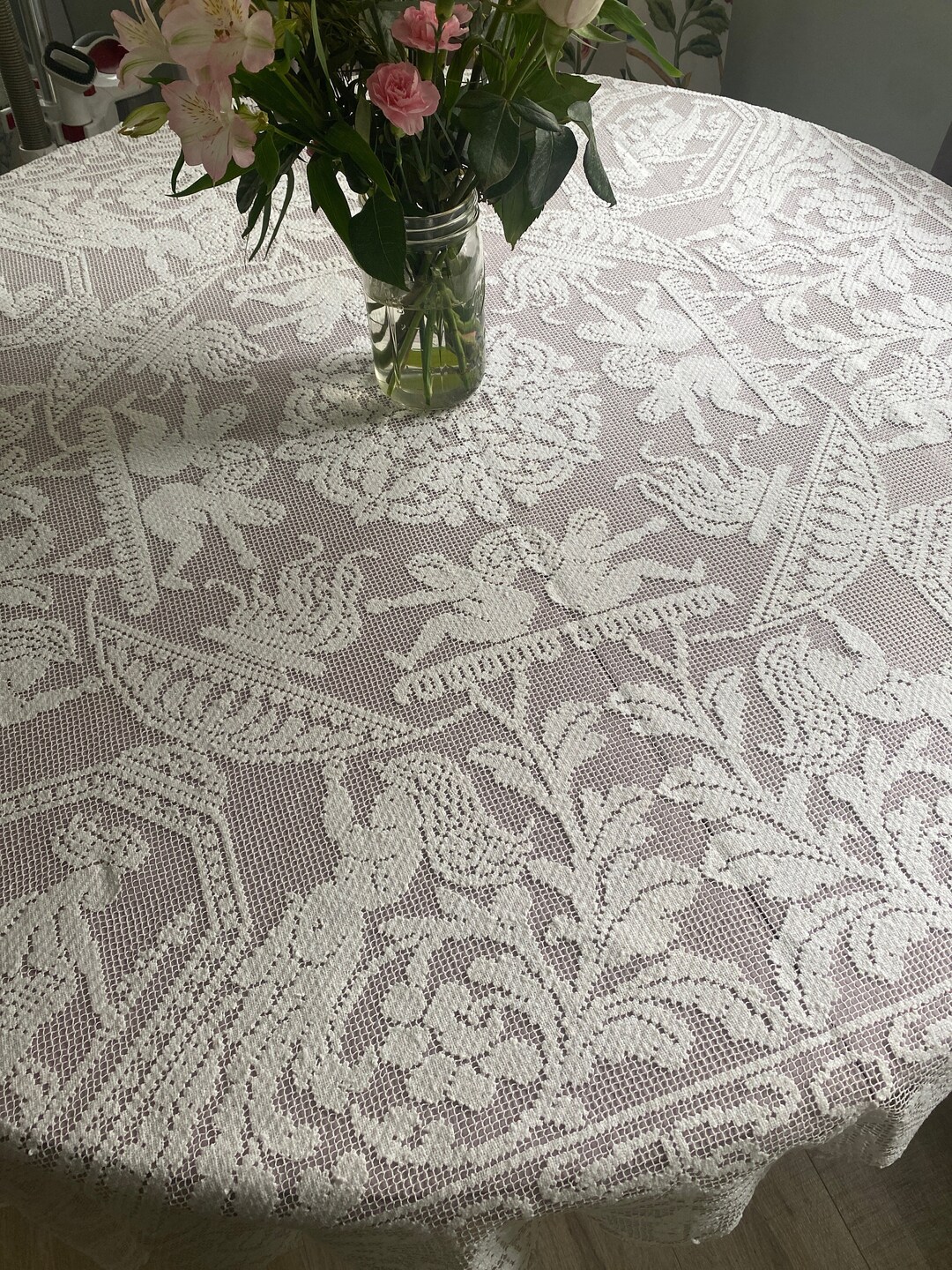 Gorgeous French Cherub Filet White Lace Tablecloth,wedding Cake ...