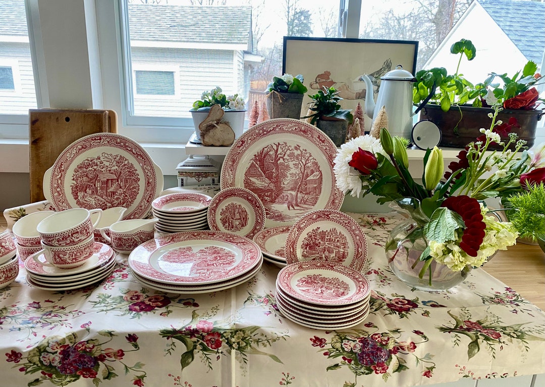 Vintage Memory Lane Reddish/pinkish Transfer Ware Ironstone Dishes,cups ...