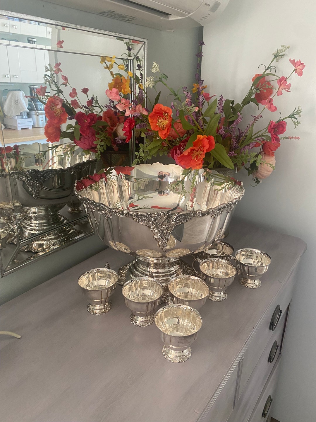 Large Vintage Punch Bowl Set ,gorgeous Ornate Silver Plate Punch Bowl ...