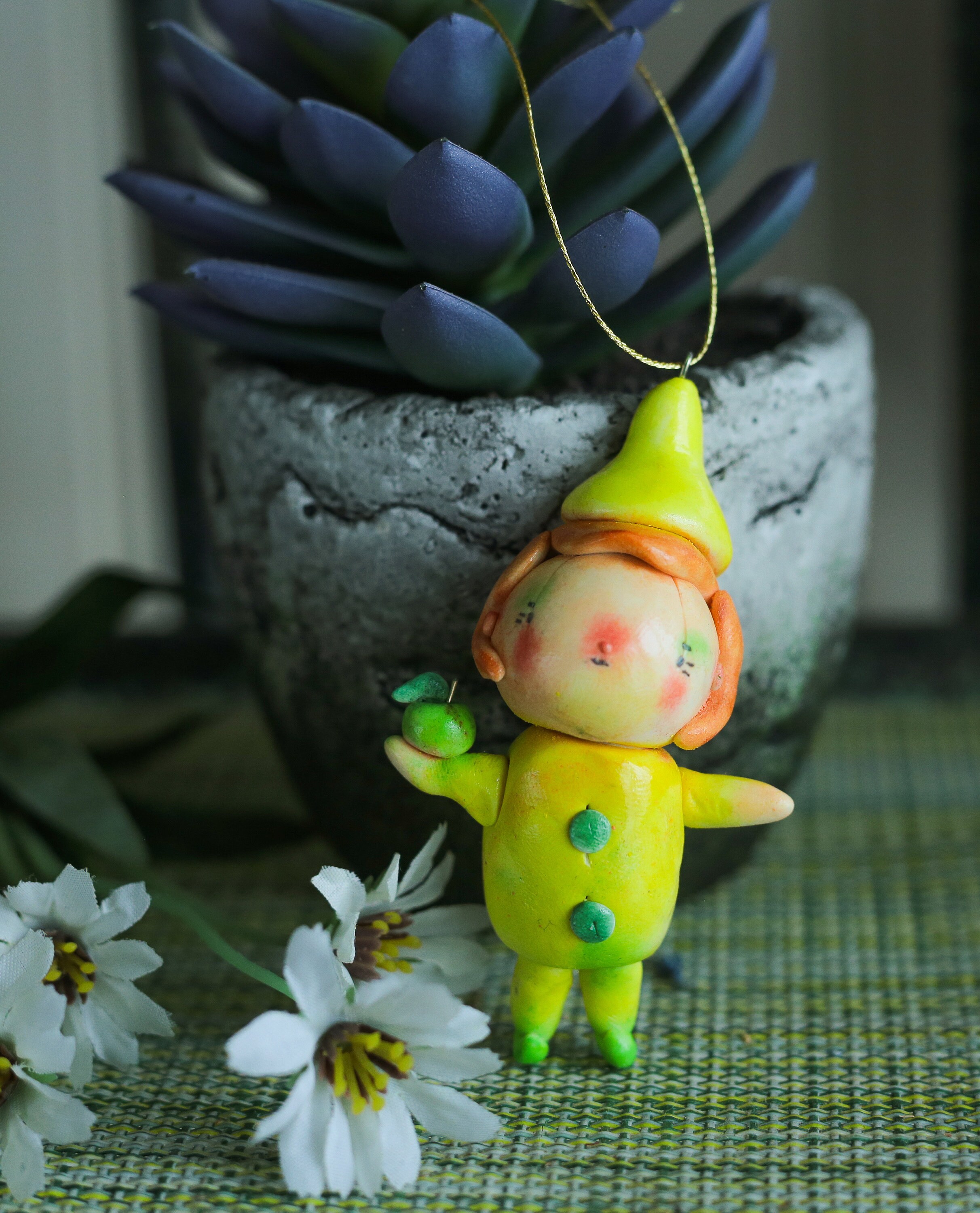 Handmade Ornament Cute Yellow Elf With a Green Apple - Etsy