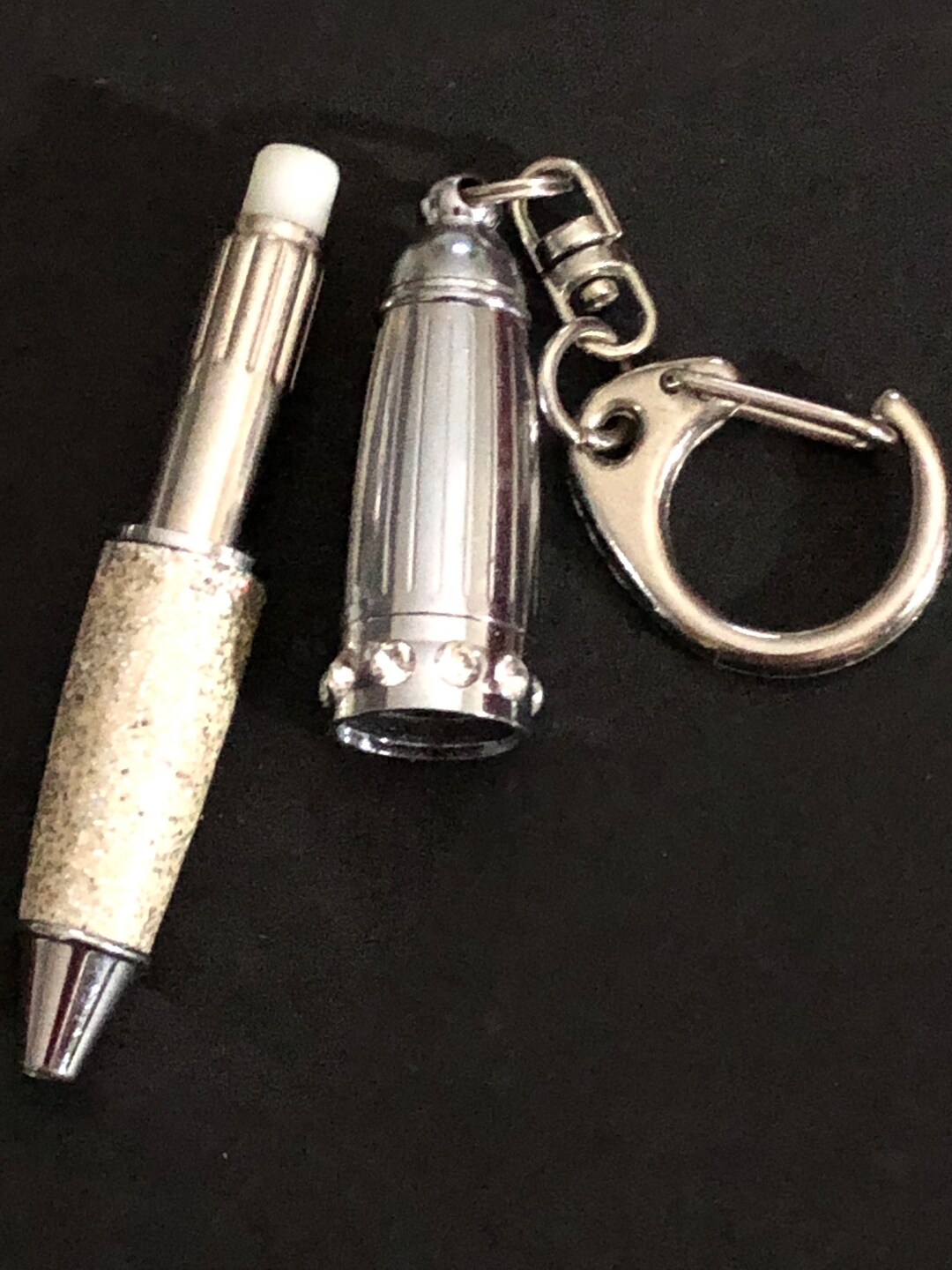 Vintage Mini Pen Key Chain, Rhinestones and Silver Tone Metal Accent ...