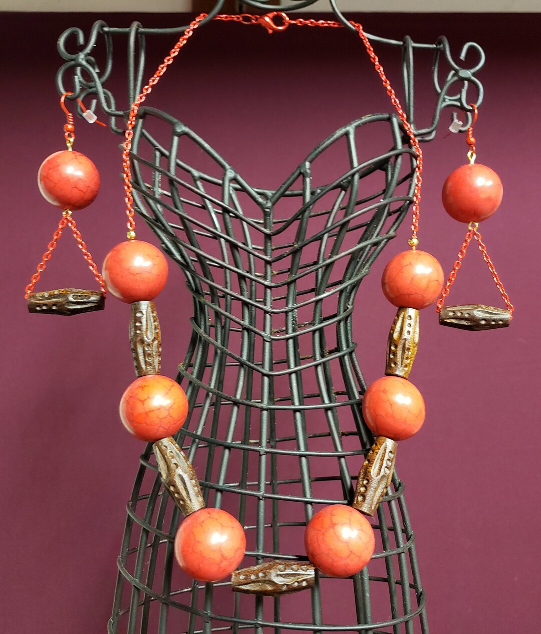 Red Howlite and Engraved Stained Wood Bead Necklace and - Etsy