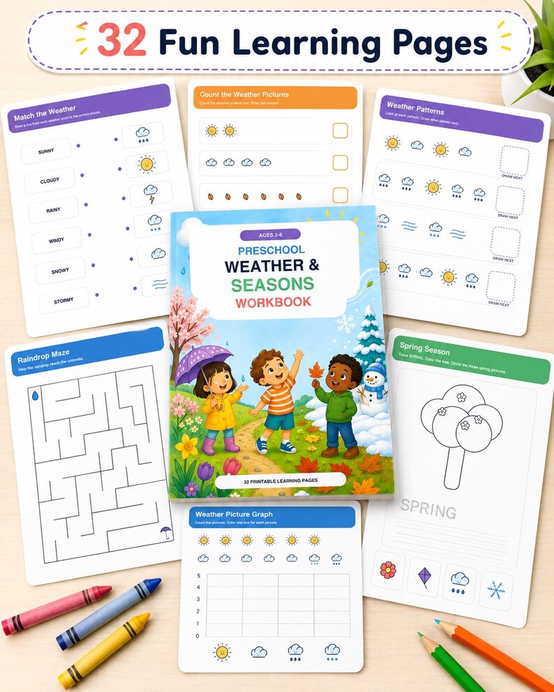 Preschool Weather & Seasons Workbook, 32 Printable Activities (PDF ...