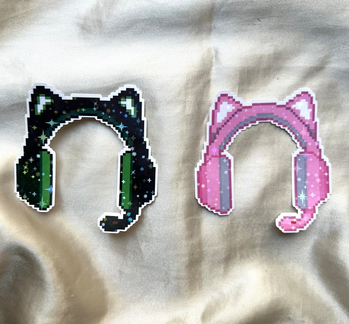 Pixel Art Kitty Gamer Headphones Sticker - Etsy