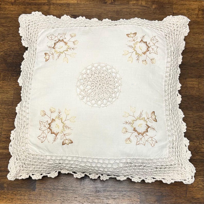 Vintage Crochet Trim Pillow Cover, Hand Embroidered Floral Cushion ...