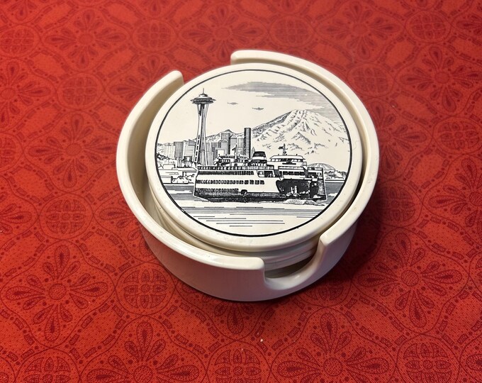 Black and White Vintage Seattle Skyline Coasters, Set of 4 With Holder ...