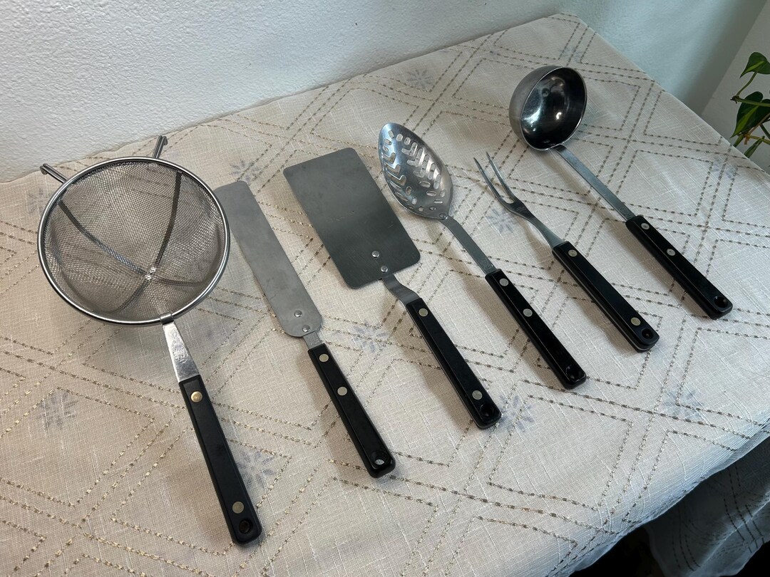 Ekco Vintage Black Composite Handle Slotted Spoon, Ladle, Strainer, Spreader, Carving Fork Mid ...