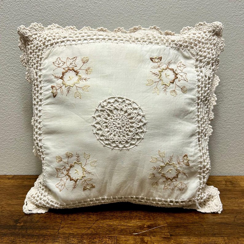 Vintage Crochet Trim Pillow Cover, Hand Embroidered Floral Cushion ...