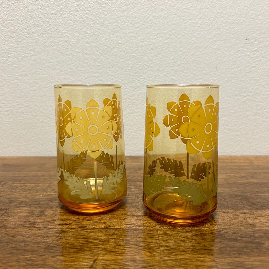 Vintage Sunflower Drinking Glasses, Floral Amber Yellow Water Tumblers ...