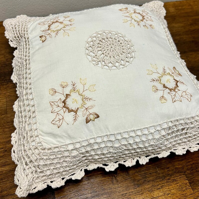 Vintage Crochet Trim Pillow Cover, Hand Embroidered Floral Cushion ...