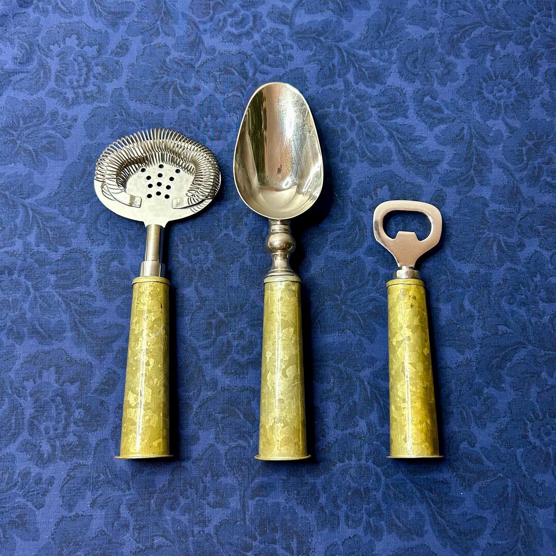 Steel and Gold Vintage Bar Tools Set | Hawthorne Strainer, Ice Scoop ...