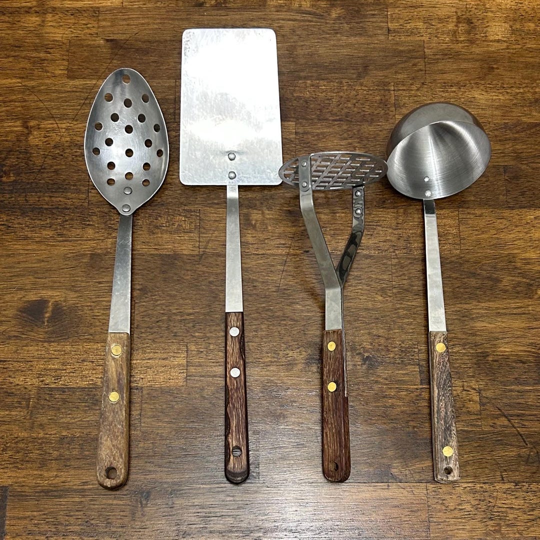 Wood Handles With Rivets Vintage Kitchen Utensils Set - Mid-century ...