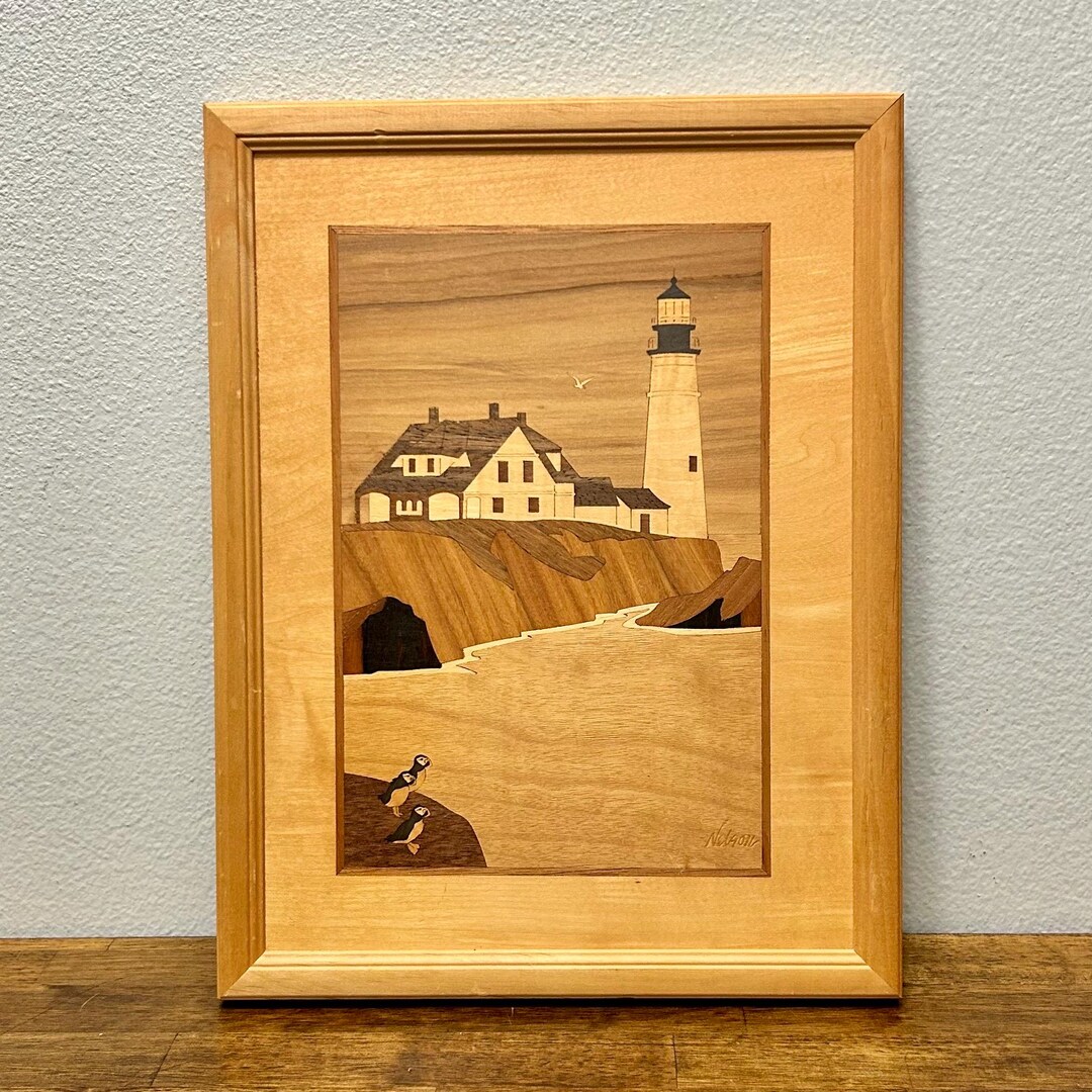 Vintage Hudson River Inlay Portland Head Lighthouse Wood Marquetry Wall ...