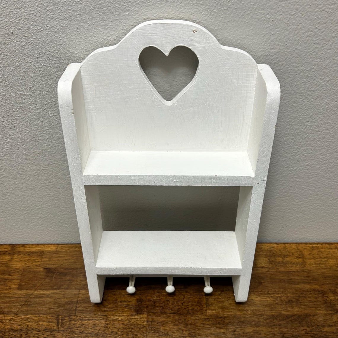 Vintage White Wooden Wall Shelf With Peg Hooks, Heart Cutout Cottage ...