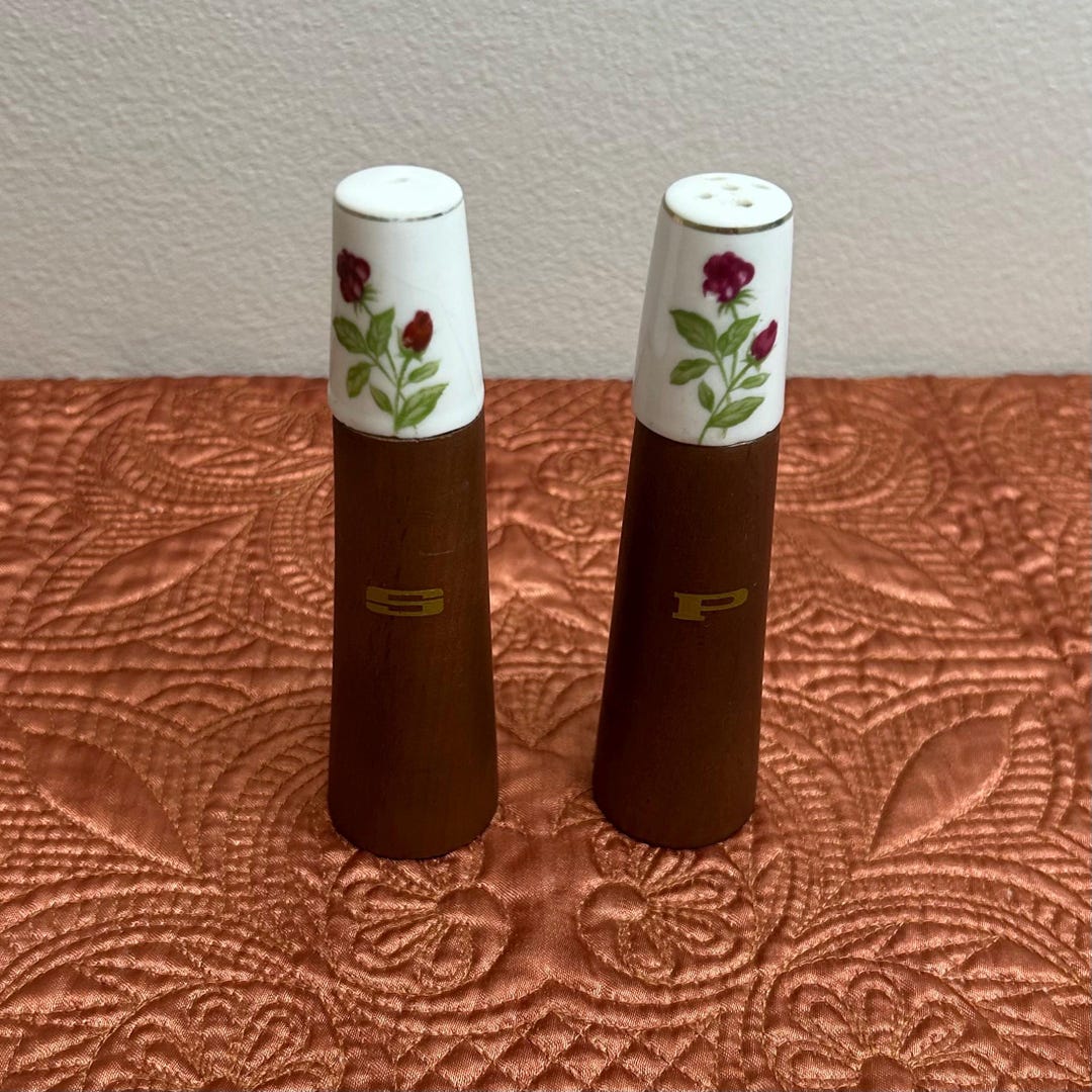 Foreign Vintage Irene Series Porcelain Floral and Teak Wood Salt ...