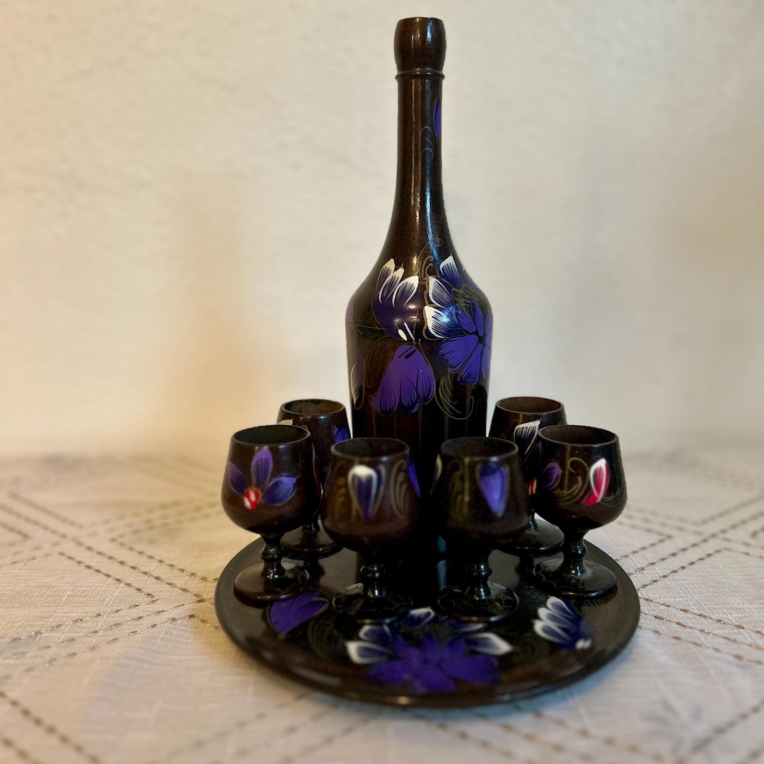 Dark Wood Vintage Decanter and 6 Cordial Cups With Tray – Hand-painted ...