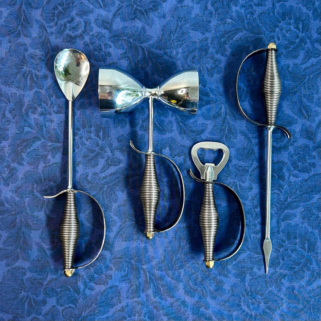 Retro Sword Handle Bar Tools Set, Vintage Steel Barware | Jigger ...