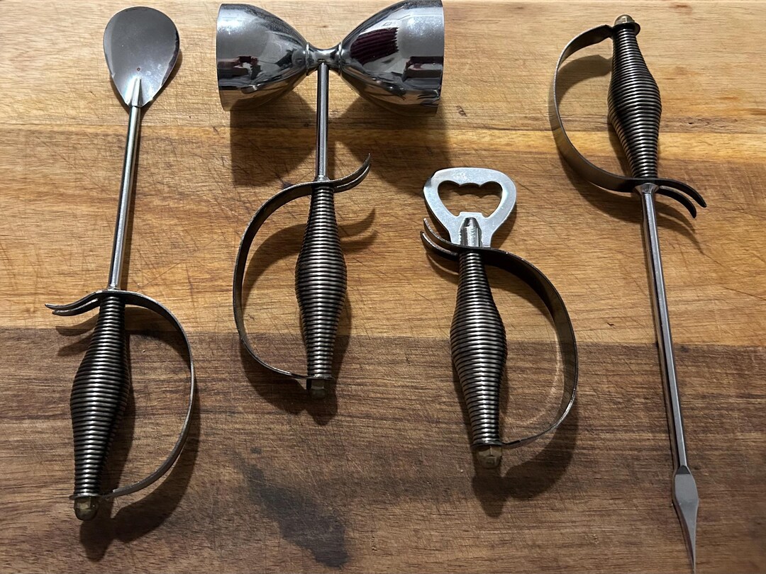 Bar Tools Set Vintage MCM Steel Barware Jigger Cocktail Stirring Spoon ...