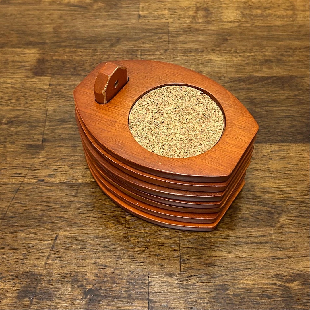 Milbern Vintage Wood & Cork Coasters, Set of 6 With Holder - Etsy