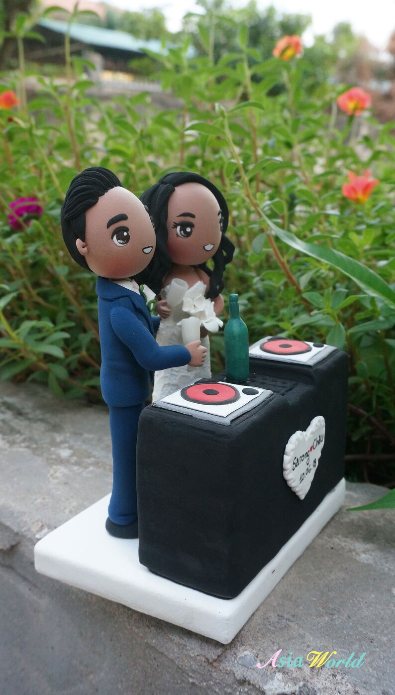 DJ bride and groom wedding cake topper clay doll couple | Etsy