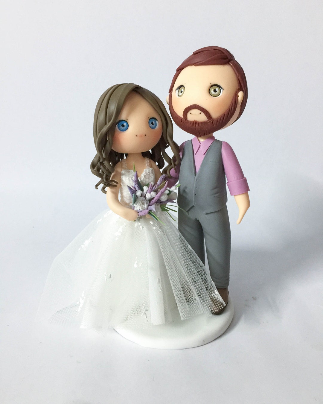 Purple Wedding Cake Topper, Full Beard Groom & Wavy Hair Down Bride ...