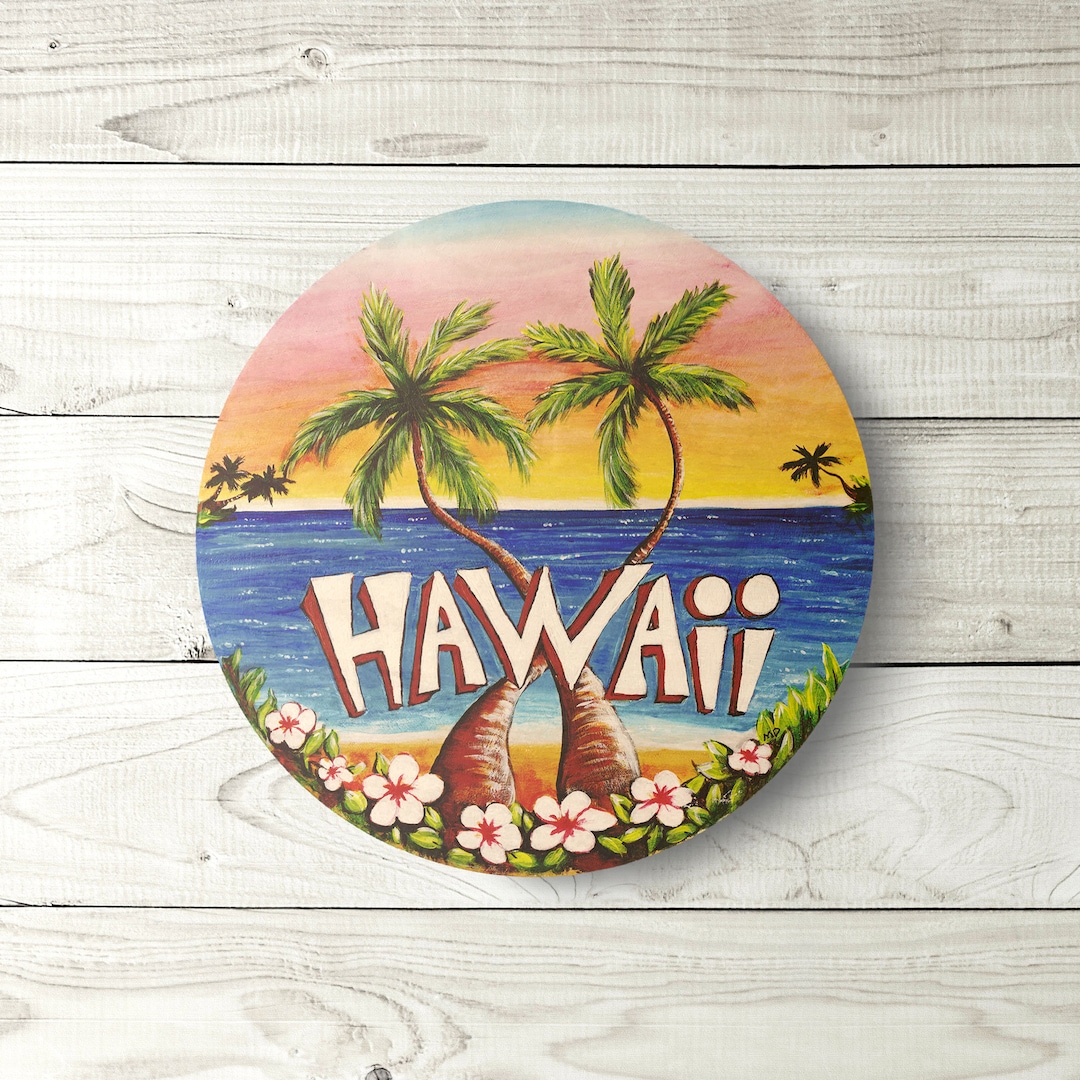 Hawaii Circle Sign – cute Vintage Style Tropical Sunset Hawaii Palm ...