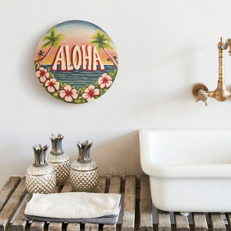 Aloha Circle vintage Style Tropical Hawaiian Wood Sign Wall - Etsy