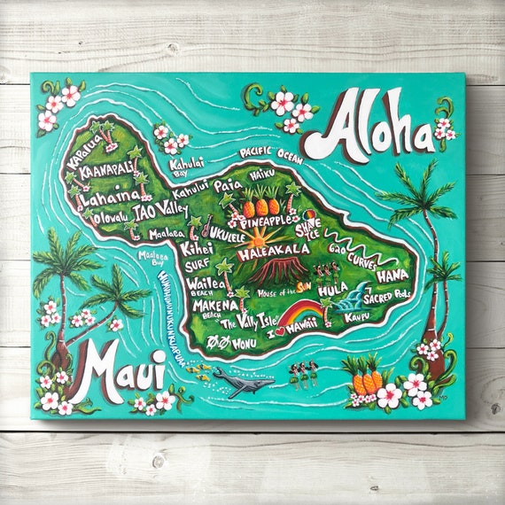 Island of Maui Canvas Print Hawaiian Map Aloha Cute Art | Etsy