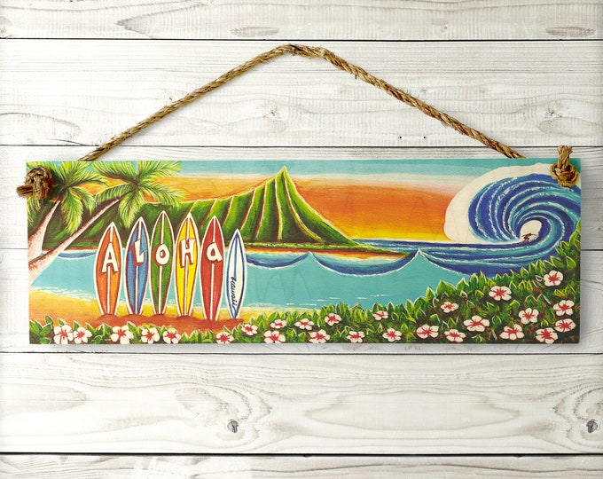 Diamond Head Surf Sign - Hawaiian Tropical Beach Vintage Wood Sign With ...