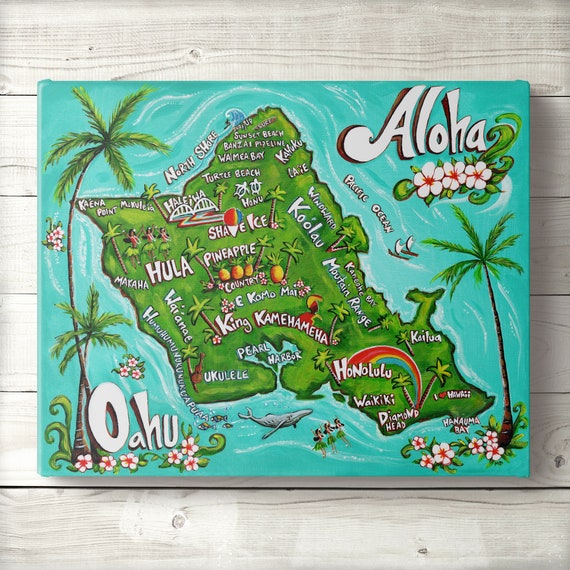 Island of Oahu Canvas Print Hawaiian Map Aloha Cute Art - Etsy
