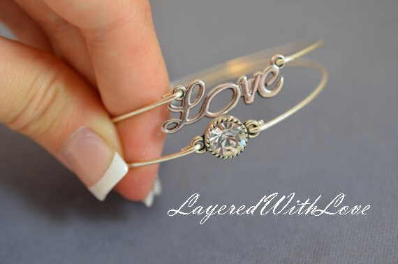 Sparkly Love Bangle Bracelet Set Silver Love Charm Jewelry - Etsy