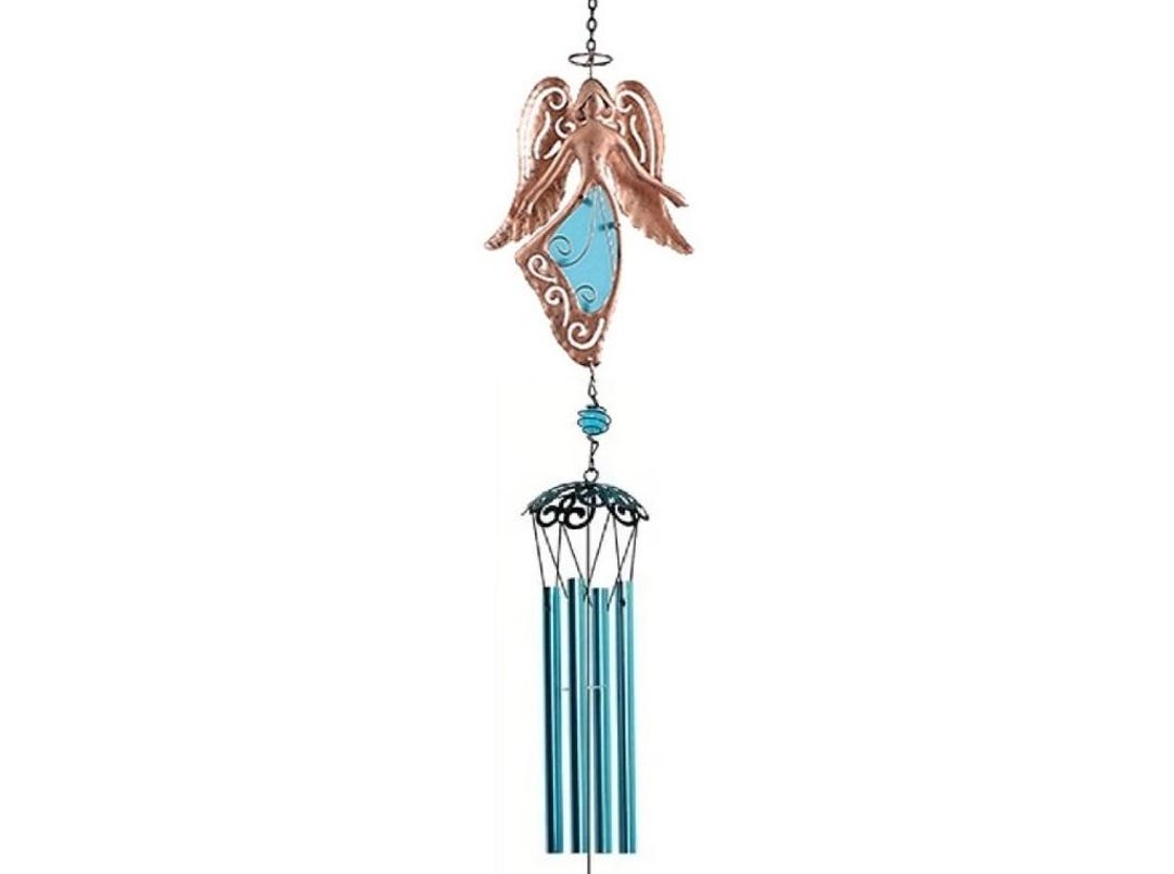 22" Guardian Angel Windchimes / Gold Metal & Blue Glass Angelic Wind ...