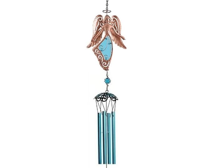 22" Guardian Angel Windchimes / Gold Metal & Blue Glass Angelic Wind ...