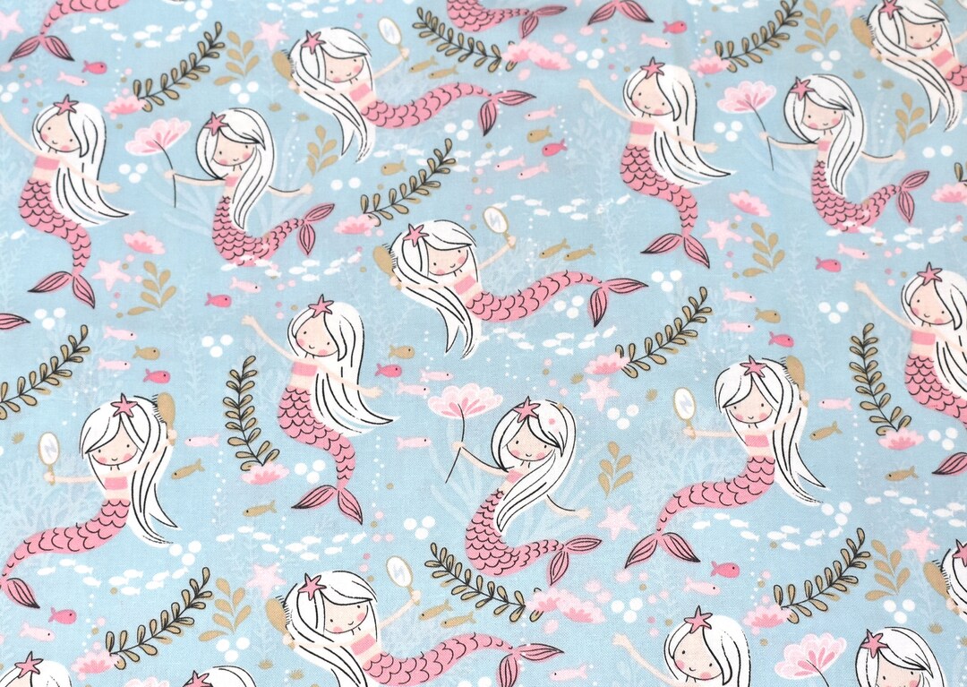 Mermaid Cotton Fabric, Blue and Pink Fabric, Under the Sea Fabric, Fish ...