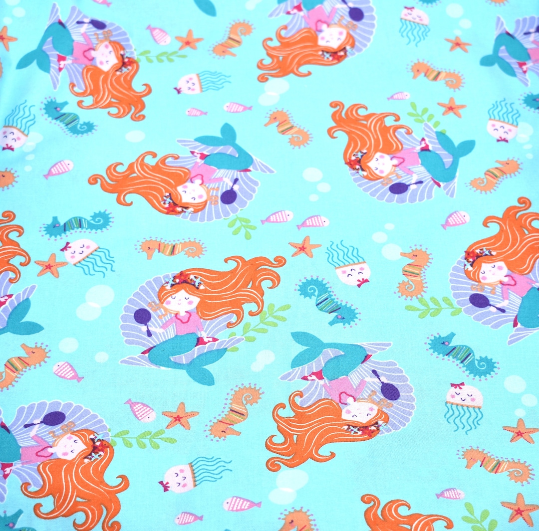 Mermaid Fabric, Cotton Fabric, Under the Sea Fabric, Seahorse Fabric ...