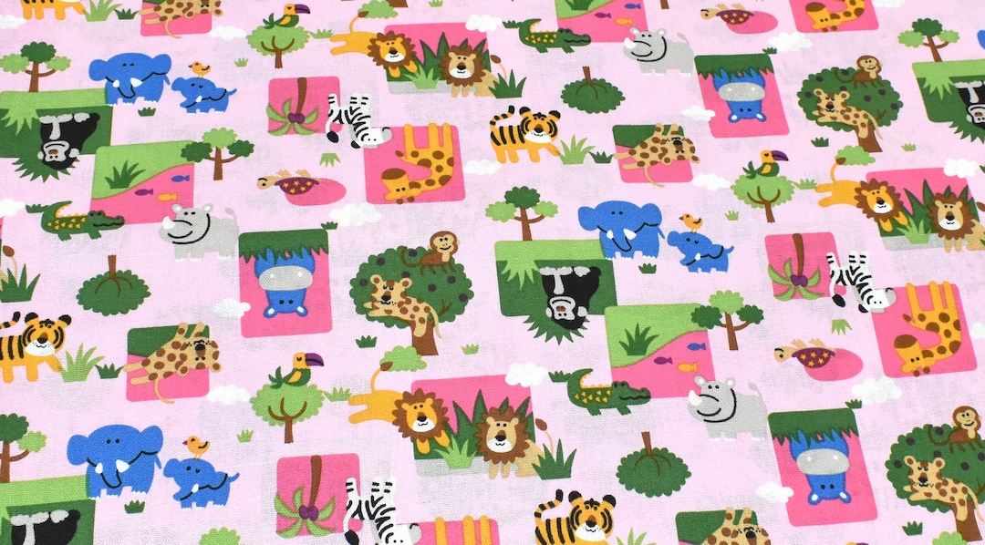 Zoo Fabric, Pink Cotton Fabric, Tiger Fabric, Lion Fabric, Monkey ...