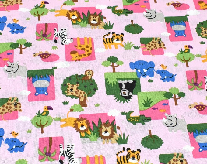 Zoo Fabric, Pink Cotton Fabric, Tiger Fabric, Lion Fabric, Monkey ...