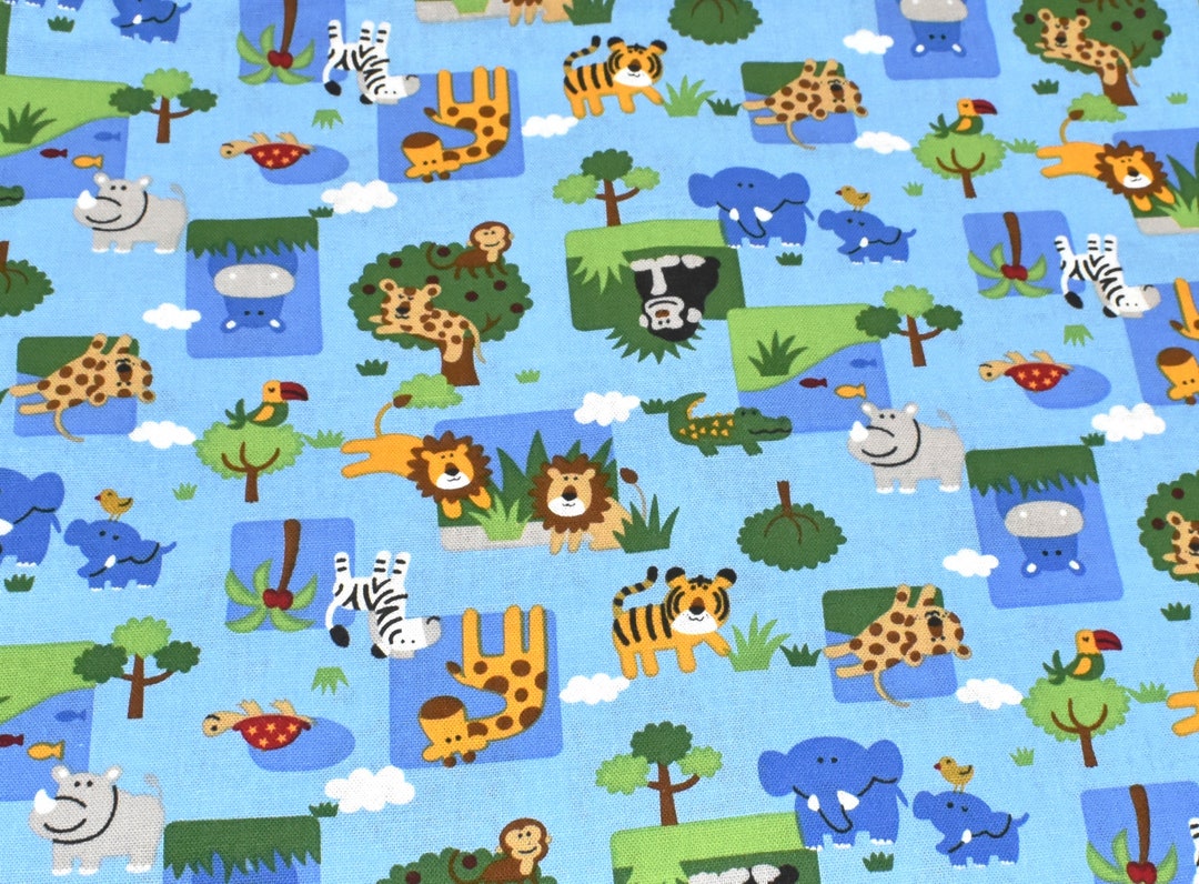 Zoo Fabric, Blue Cotton Fabric, Safari Fabric, Lion Fabric, Tiger ...